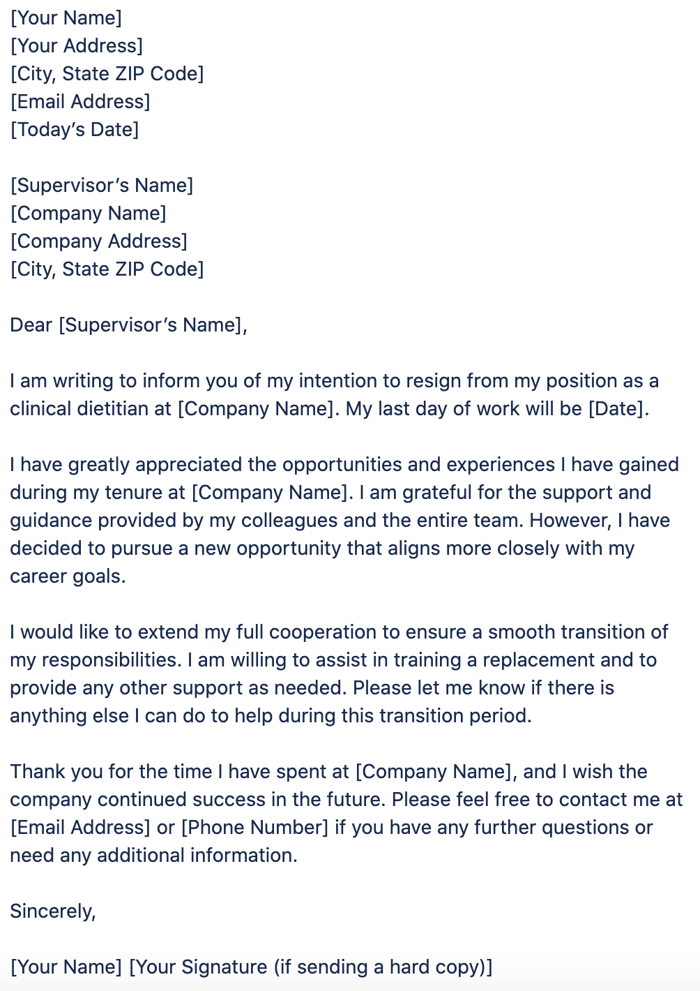 Resignation Letter Sample For Dietitians NutritionJobs